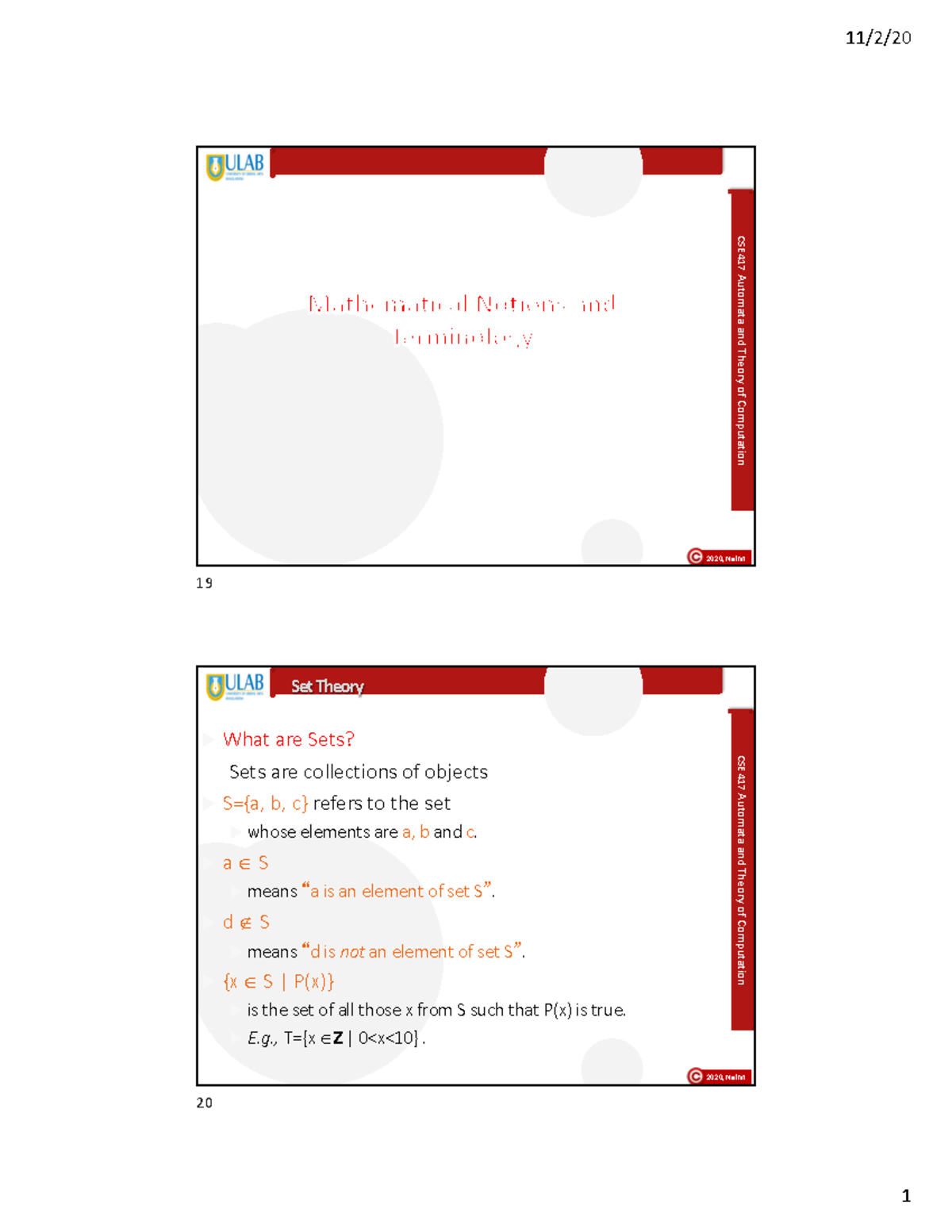 Cse 417 Lecture Set Theory 2020 Nafm Cse 417 Automata And Theory Of Computation 19 2020 Nafm