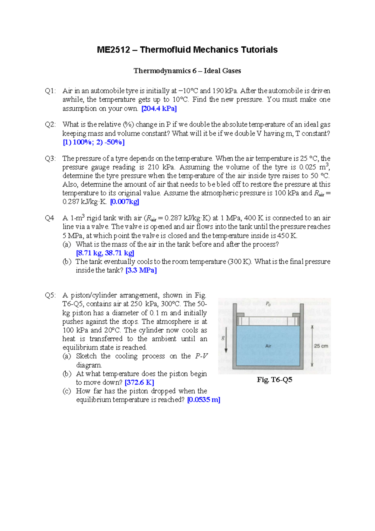 TUT Thermo 1 - ME2512 – Thermofluid Mechanics Tutorials Thermodynamics ...