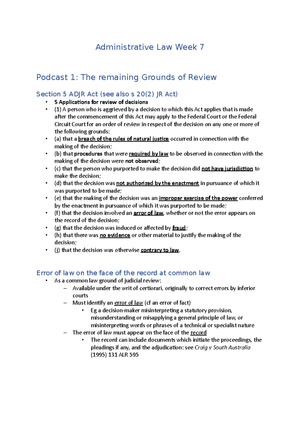 Administrative Law Week 7 - Error of law on the face of the record at ...
