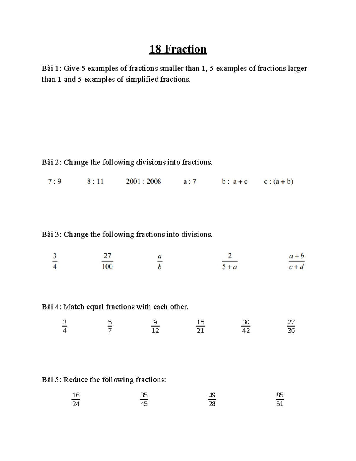 4 Chapter 18 Fraction edited - 18 Fraction Bài 1: Give 5 examples of ...