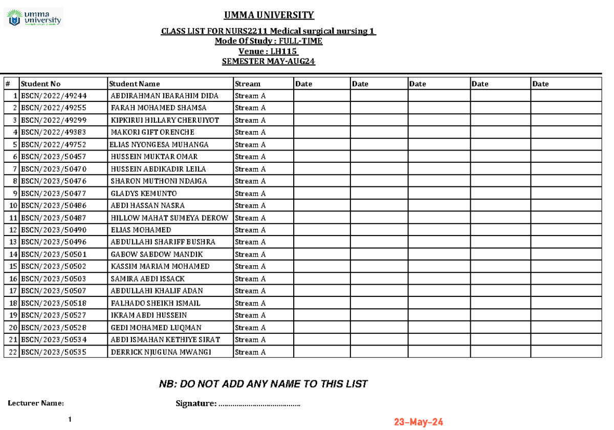 Class Register-NURS2211 - # Student No Student Name Stream Date Date ...