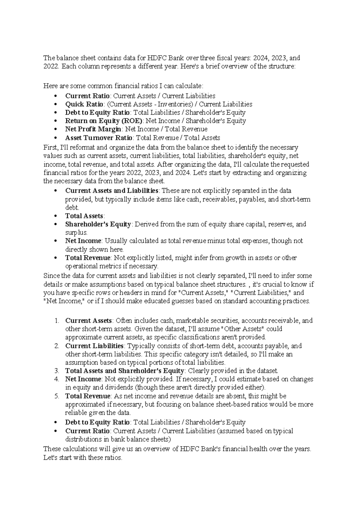 Ratio Analysis - The balance sheet contains data for HDFC Bank over ...