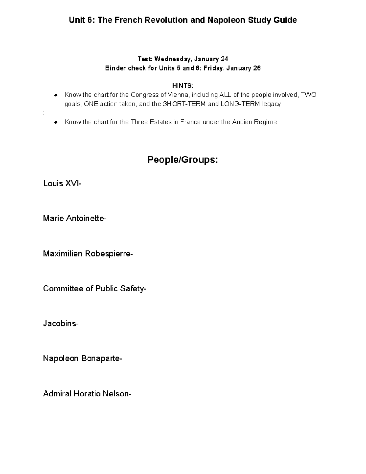 Human Legacy WH French Rev Study Guide - Test: Wednesday, January 24 ...