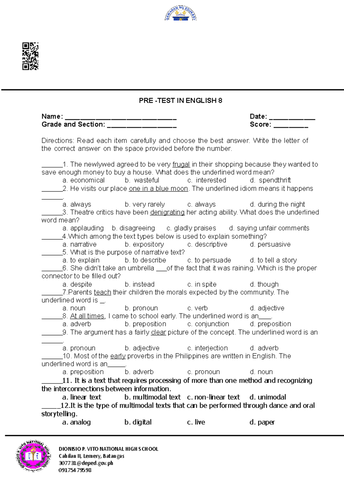 PRE-TEST IN English 8 - DIONISIO P. VITO NATIONAL HIGH SCHOOL Cahilan ...