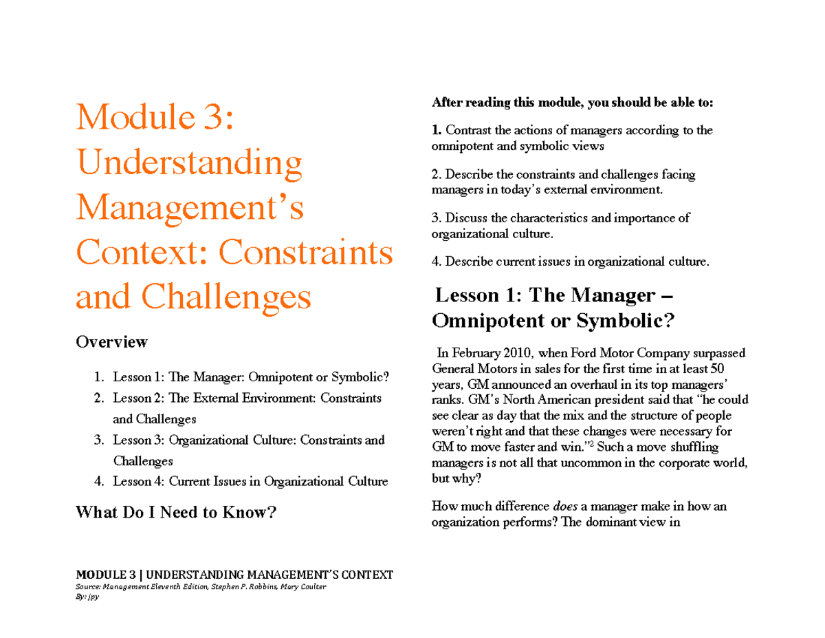 Module 3 - Understanding Management s Context - MODULE 3 | UNDERSTANDING MANAGEMENT9S CONTEXT ...