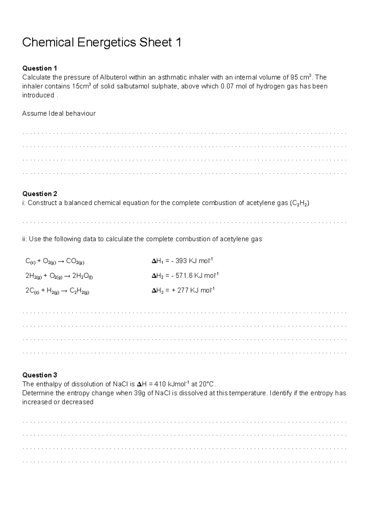 Chemical Energetics Problem Sheet - Chemical Energetics Sheet 1 ...