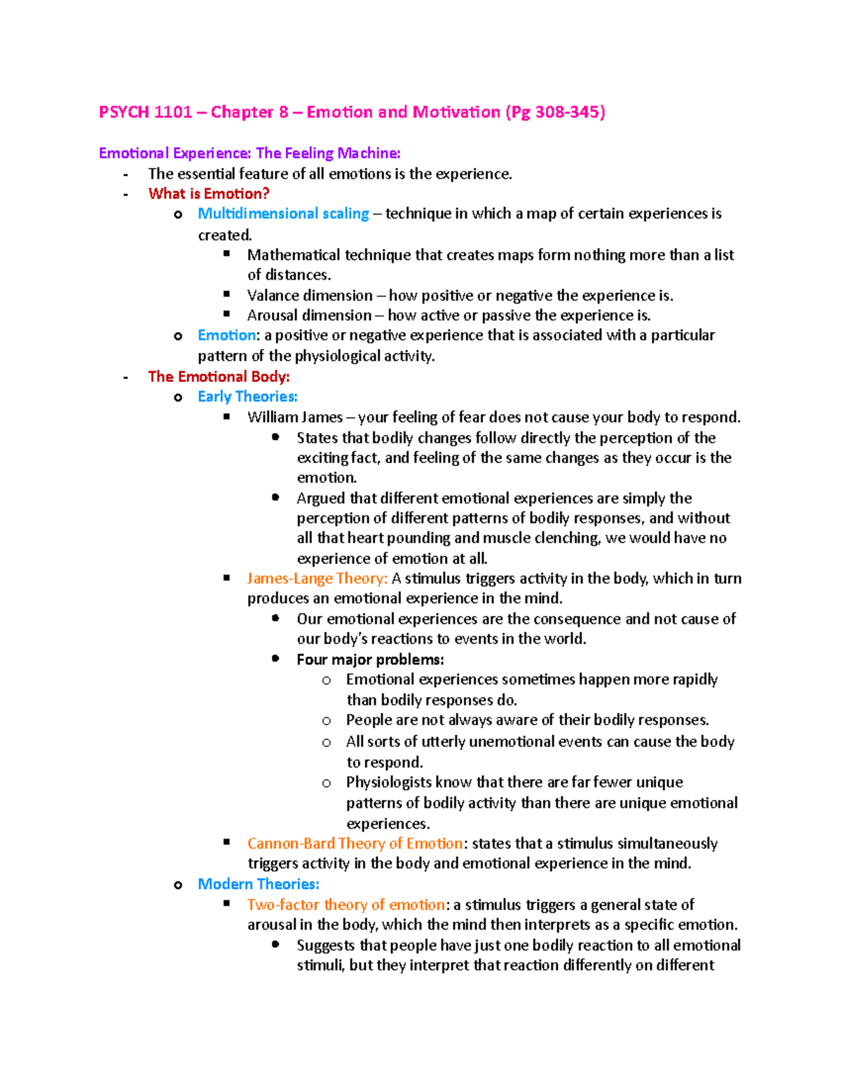 Chapter 8 Review - PSYCH 1101 – Chapter 8 – Emotion and Motivation (Pg 308-345) Emotional - Studocu