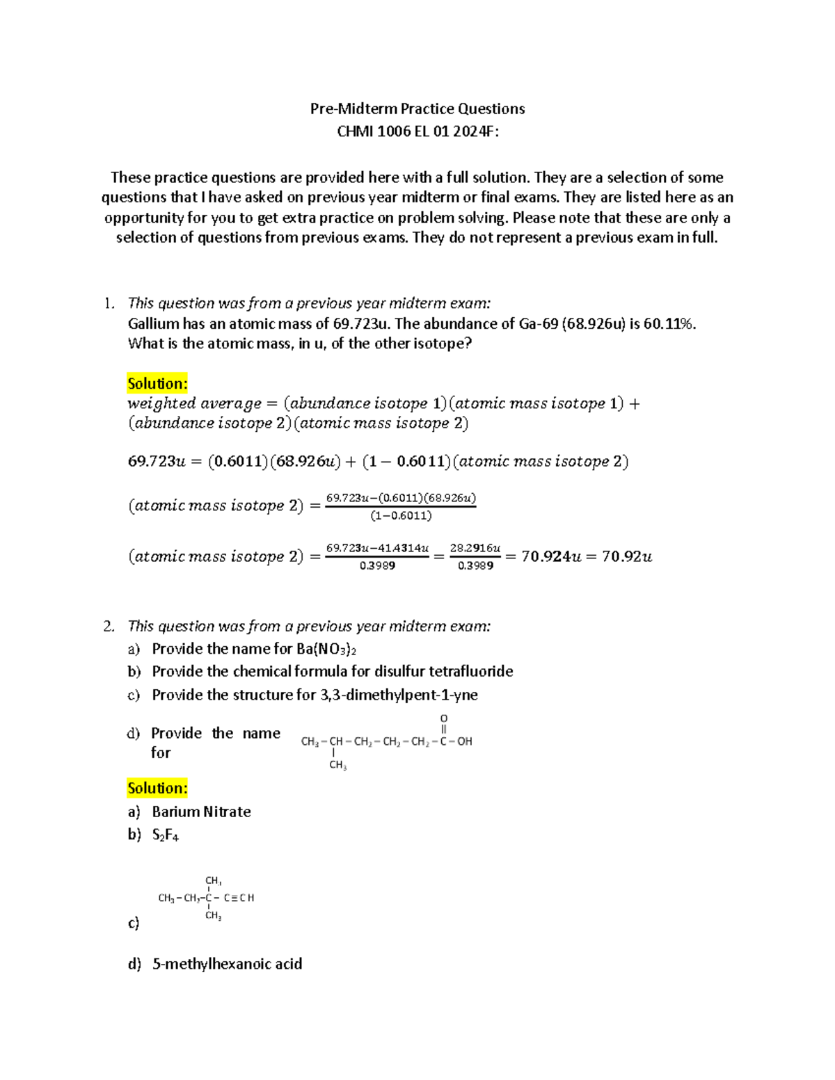 2024F Pre Midterm Practice Questions With Solutions - Pre-Midterm Practice Questions CHMI 1006 ...