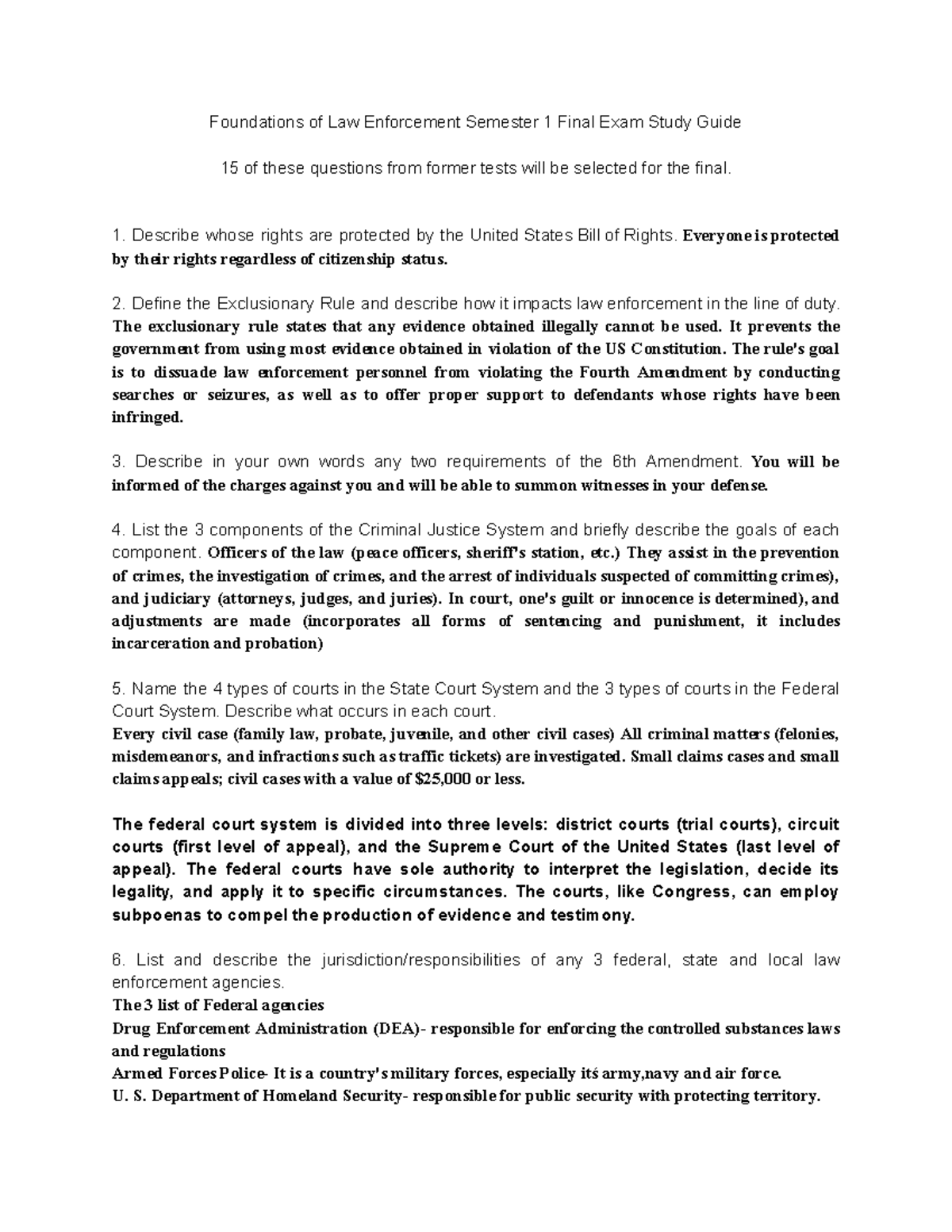 Foundations of Law Enforcement Semester 1 Final Exam Study Guide ...