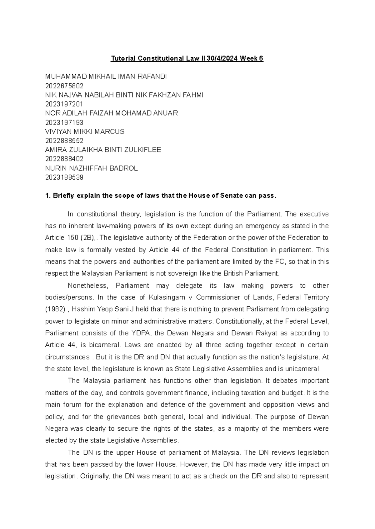 Constitutional Law Tutorial W6 - Tutorial Constitutional Law II 30/4 ...