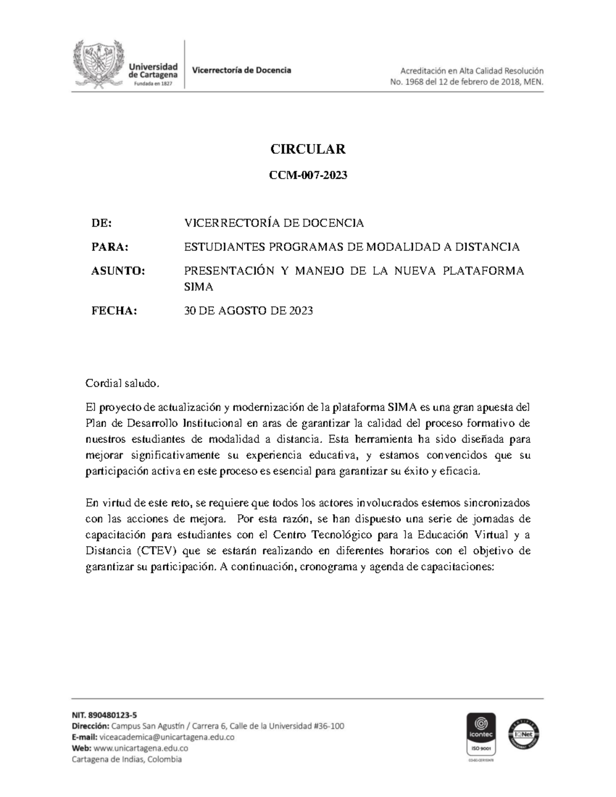 Circular Estudiantes - Informativo - CIRCULAR CCM-007- DE ...