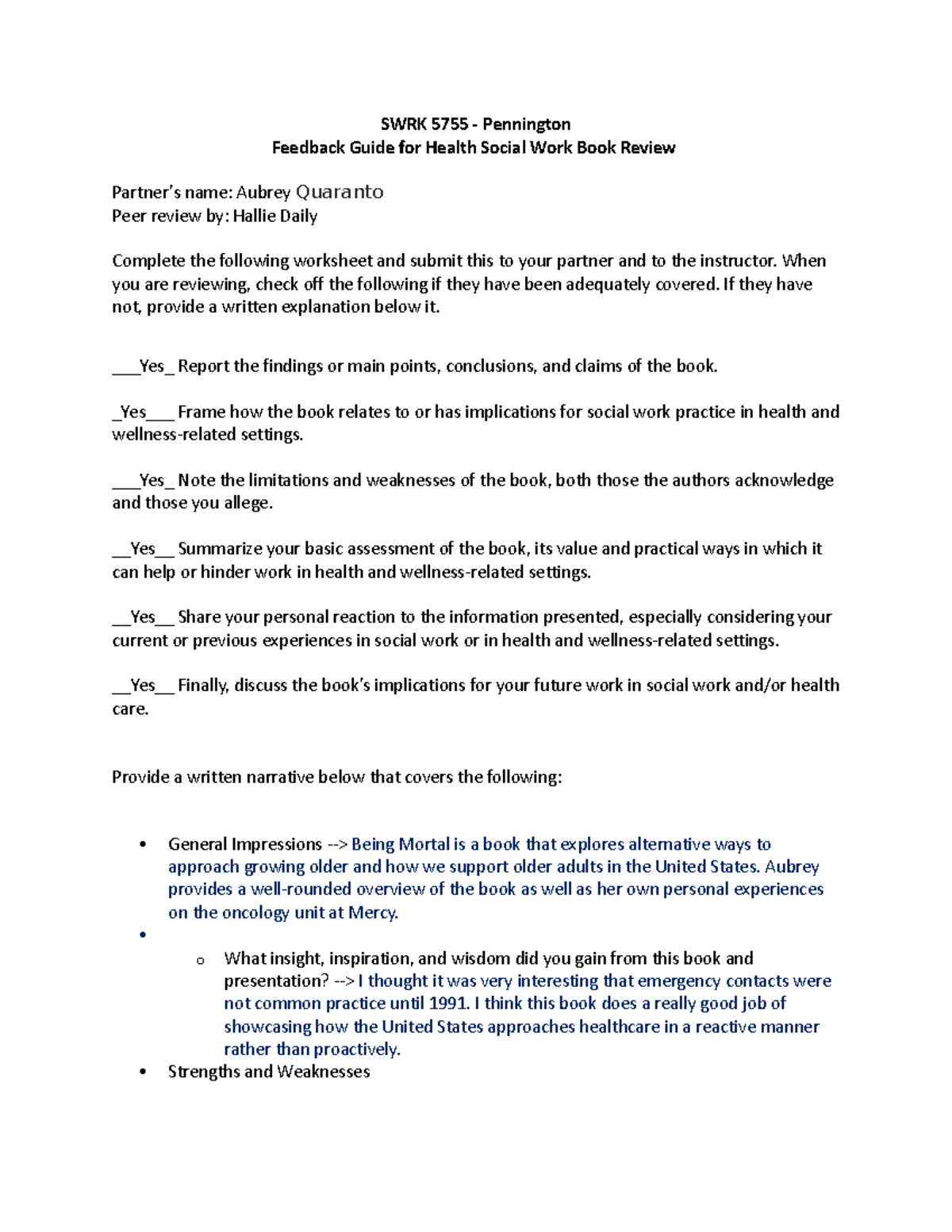 Assignment 4 Book Review Guide 1 - SWRK 734 - SLU - Studocu