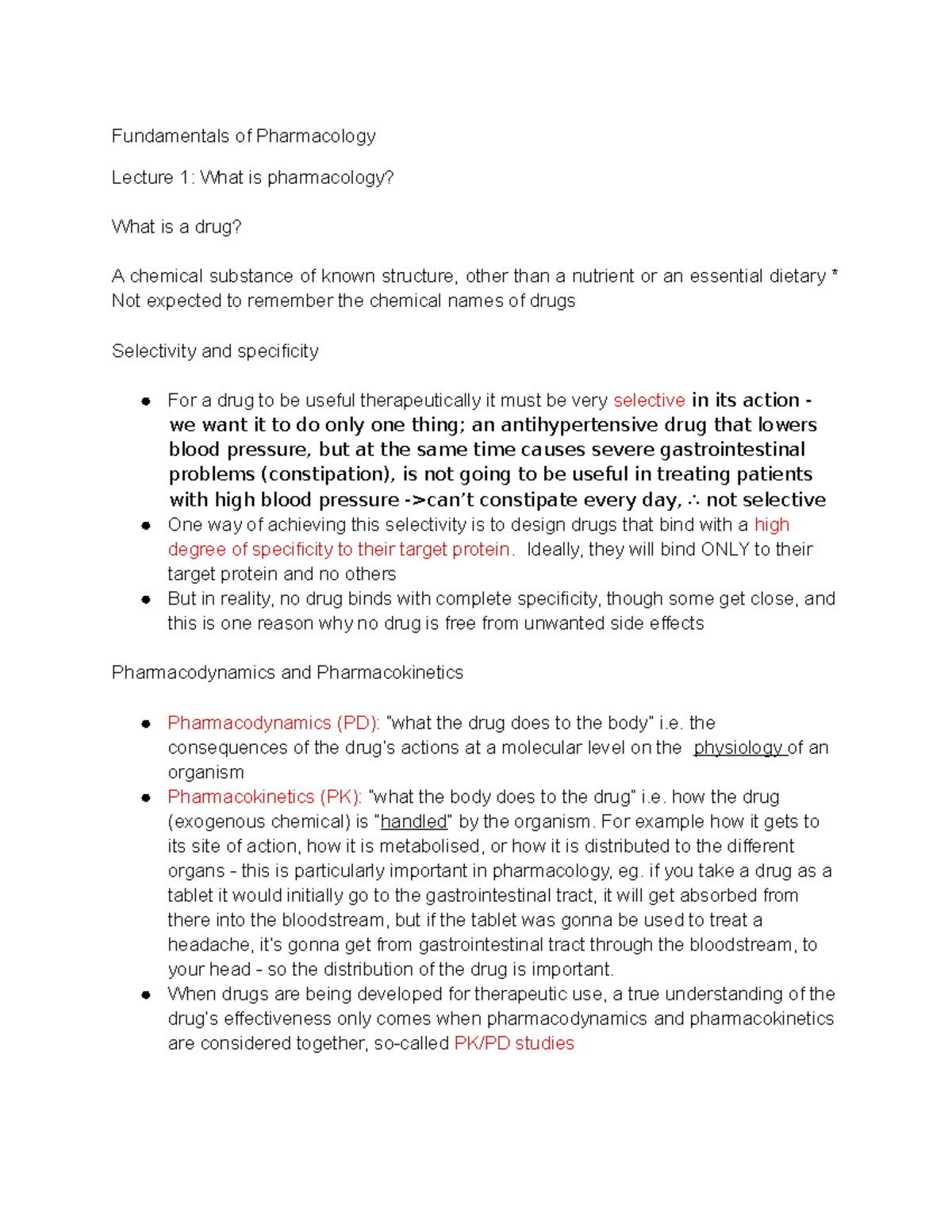 Lecture 1 notes Fundamentals of pharmacology - Fundamentals of ...