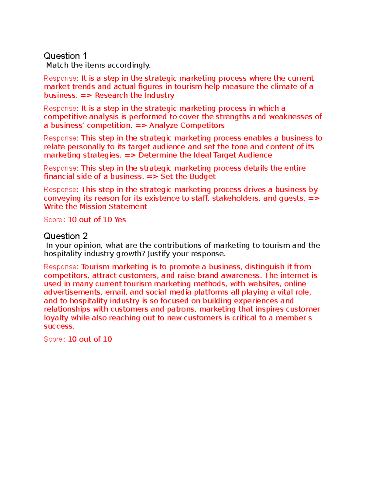 07 QUIZ - 07 QUIZ Tourism Marketing - Question 1 Match the items ...