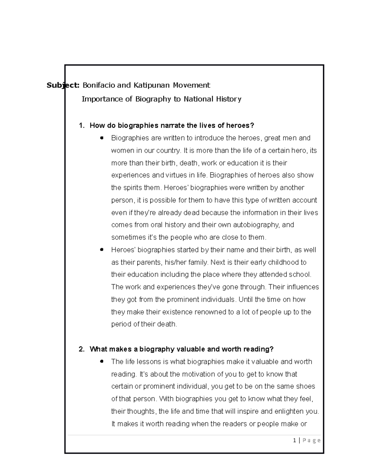 Biography and Heroes - Subject: Bonifacio and Katipunan Movement ...