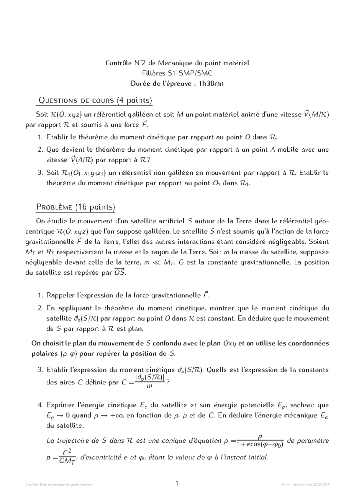 Contrôle corrigé de mécanique du point - Université Cadi Ayyad Année Universitaire 2013/ Faculté ...