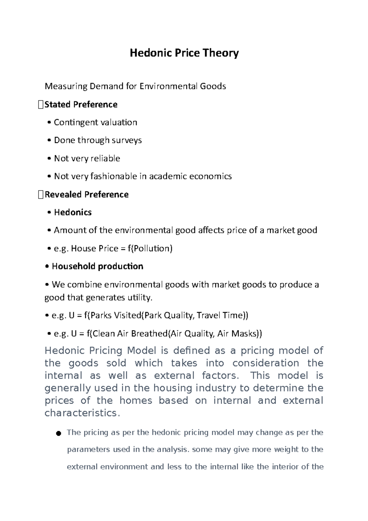 Hedonic Price Theory notes - sem6 Environmental economics DU - Hedonic ...