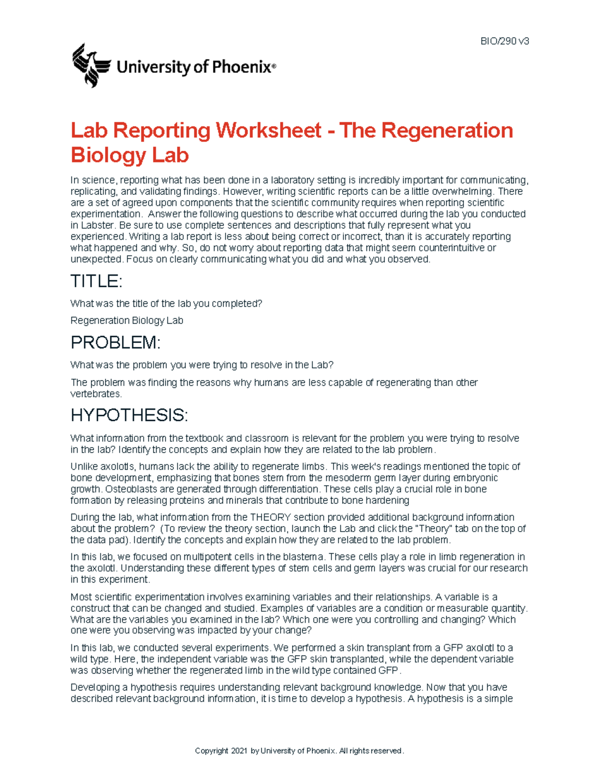 Week 3 Lab Reporting Worksheet - BIO/290 v Lab Reporting Worksheet ...