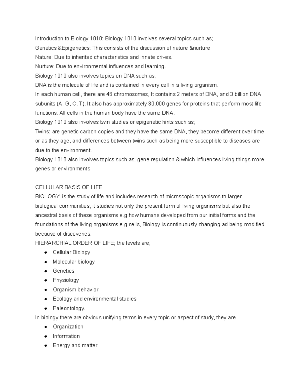 Biology notes week 1 - very good summaries - Introduction to Biology ...