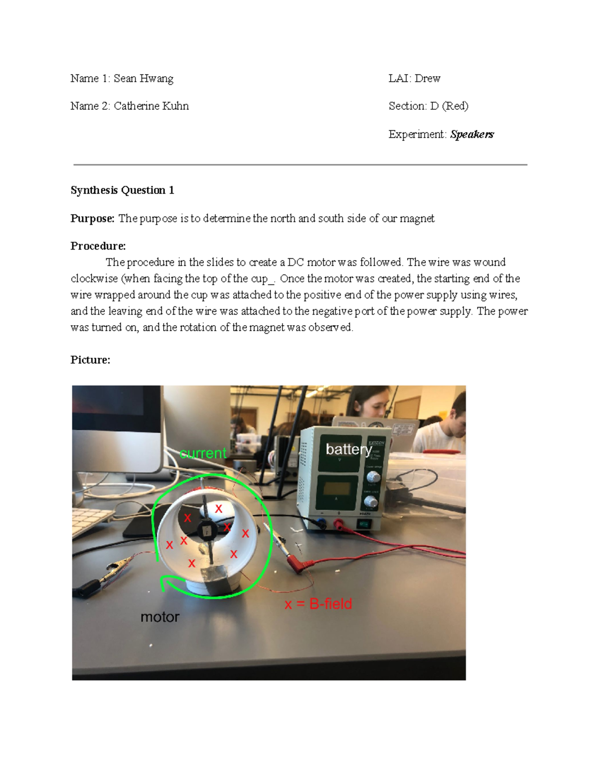 DC Motors Lab - Name 1: Sean Hwang LAI: Drew Name 2: Catherine Kuhn ...