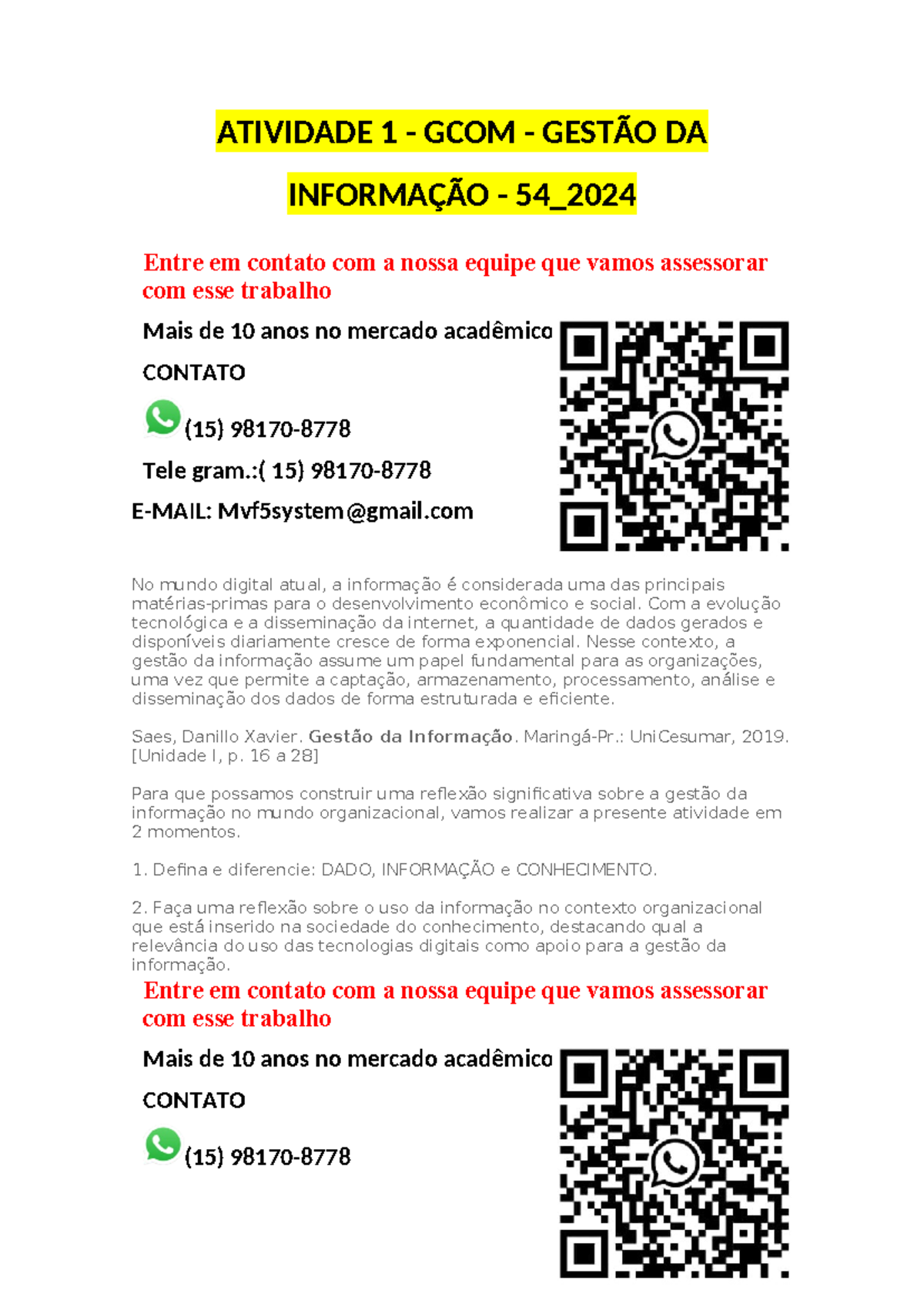 (15) 98170-8778 Atividade 1 - GCOM - Gestão DA Informação - 54 2024 ...