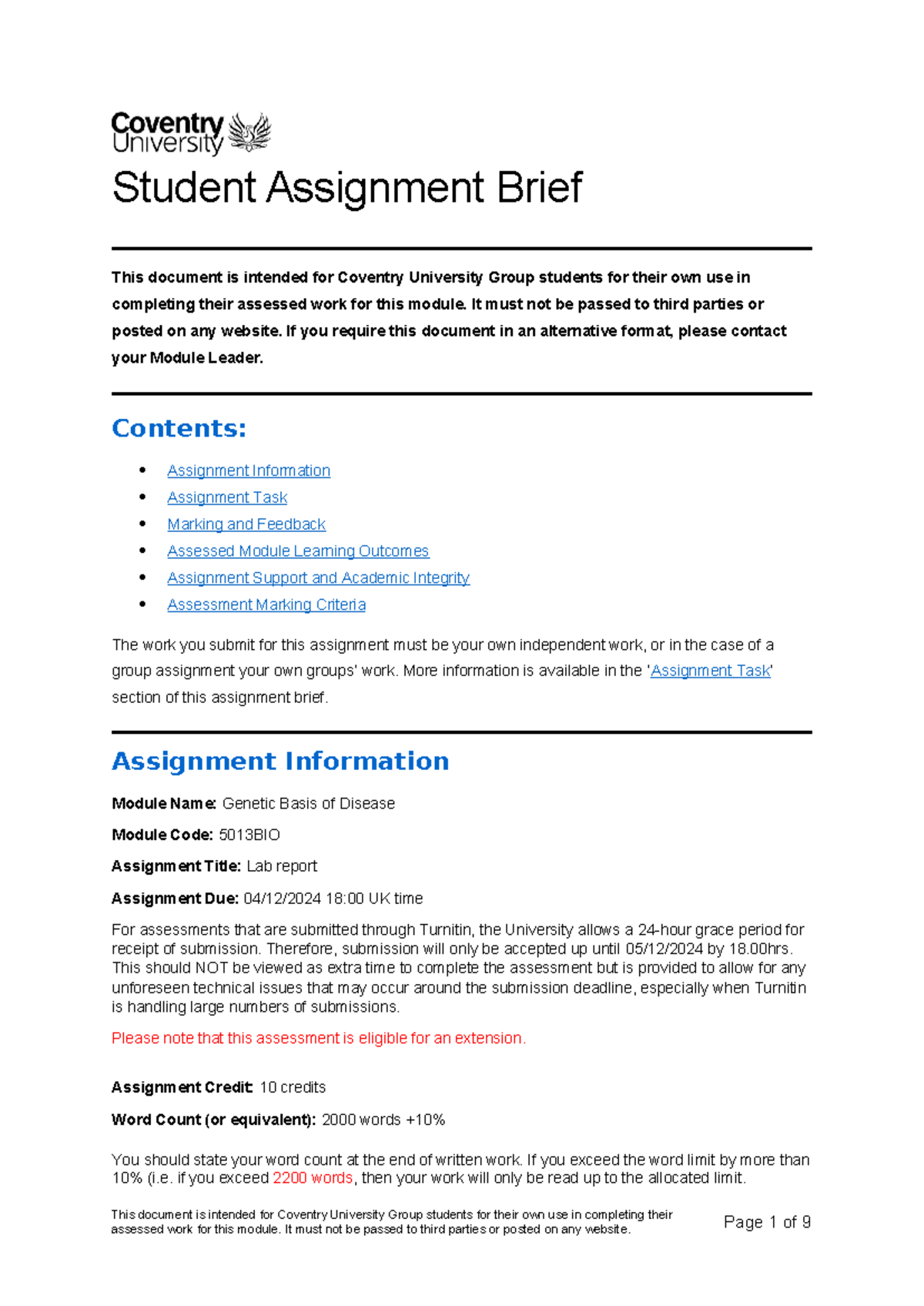 University Assignment Brief Template v1.6 5013BIO Lab report (1) (10 ...