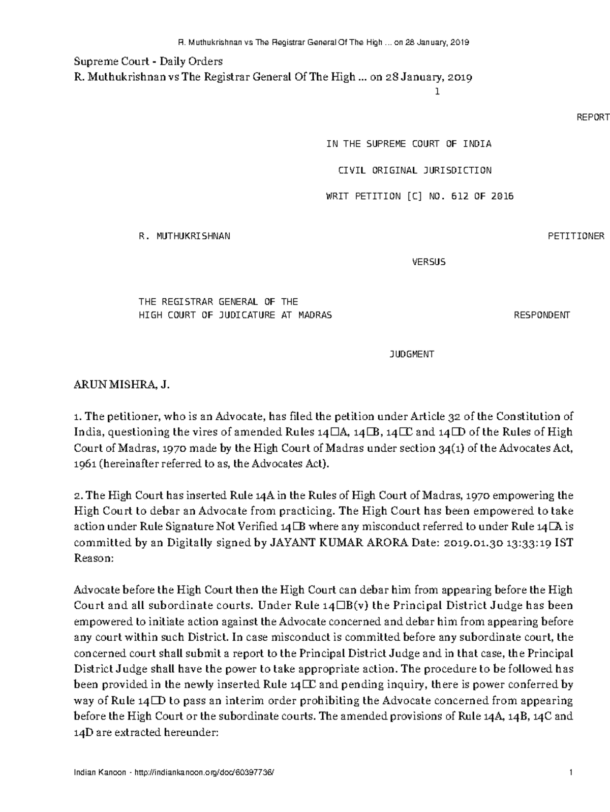 R Muthukrishnan vs The Registrar General Of The High on 28 January 2019 ...