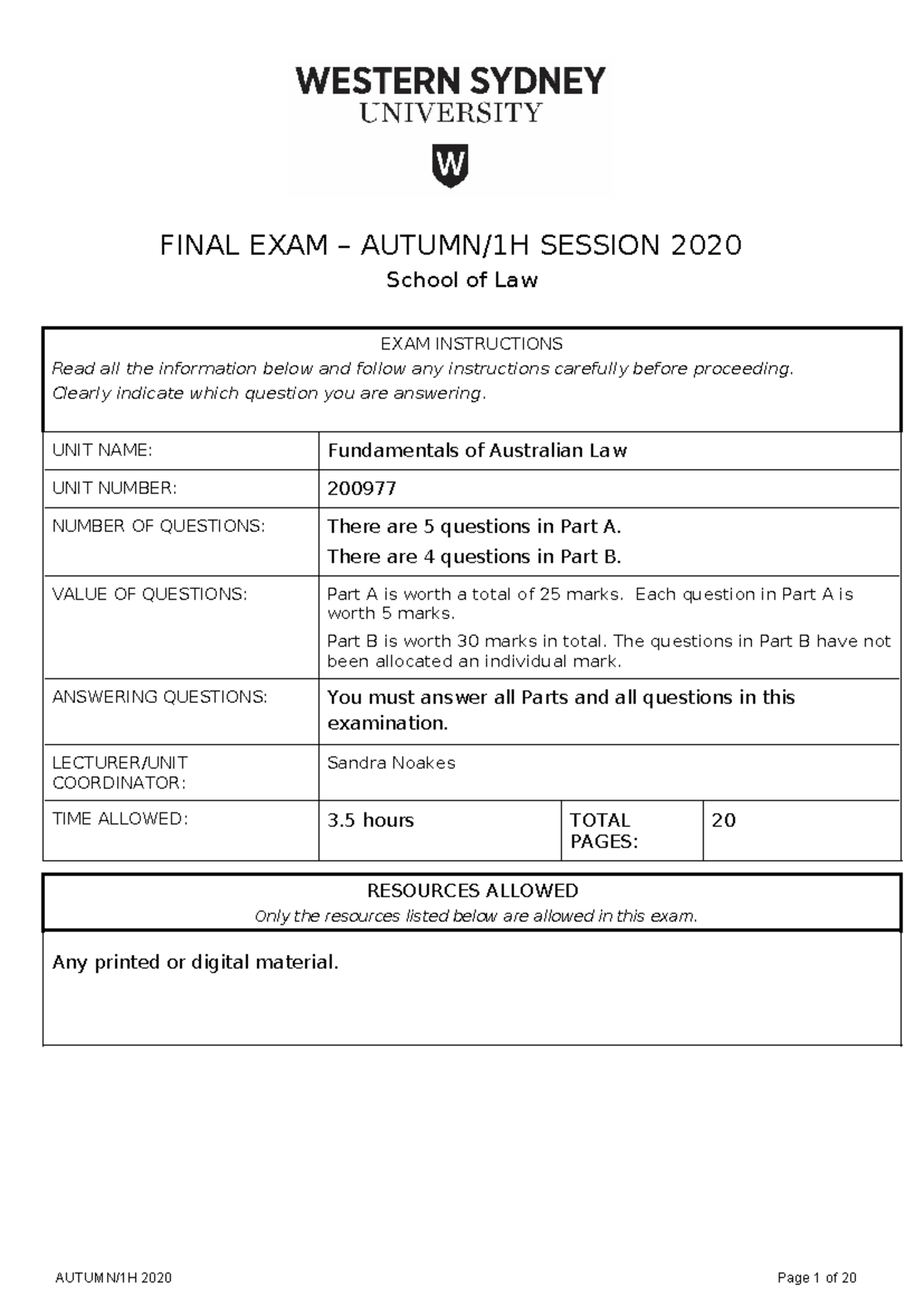 2009 77 Fundamentals of Australian Law Main Exam - Autumn 2020 - JFJ ...