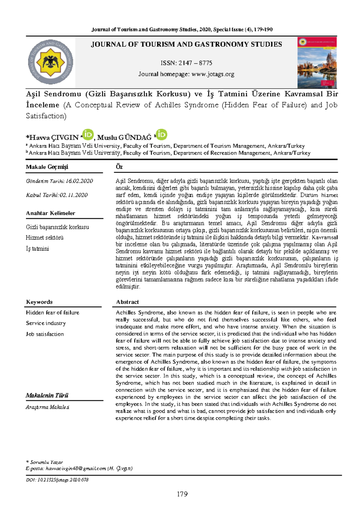 Vol8 specialissue 4 article 13 - Journal of Tourism and Gastronomy Studies, 2020, Special Issue ...