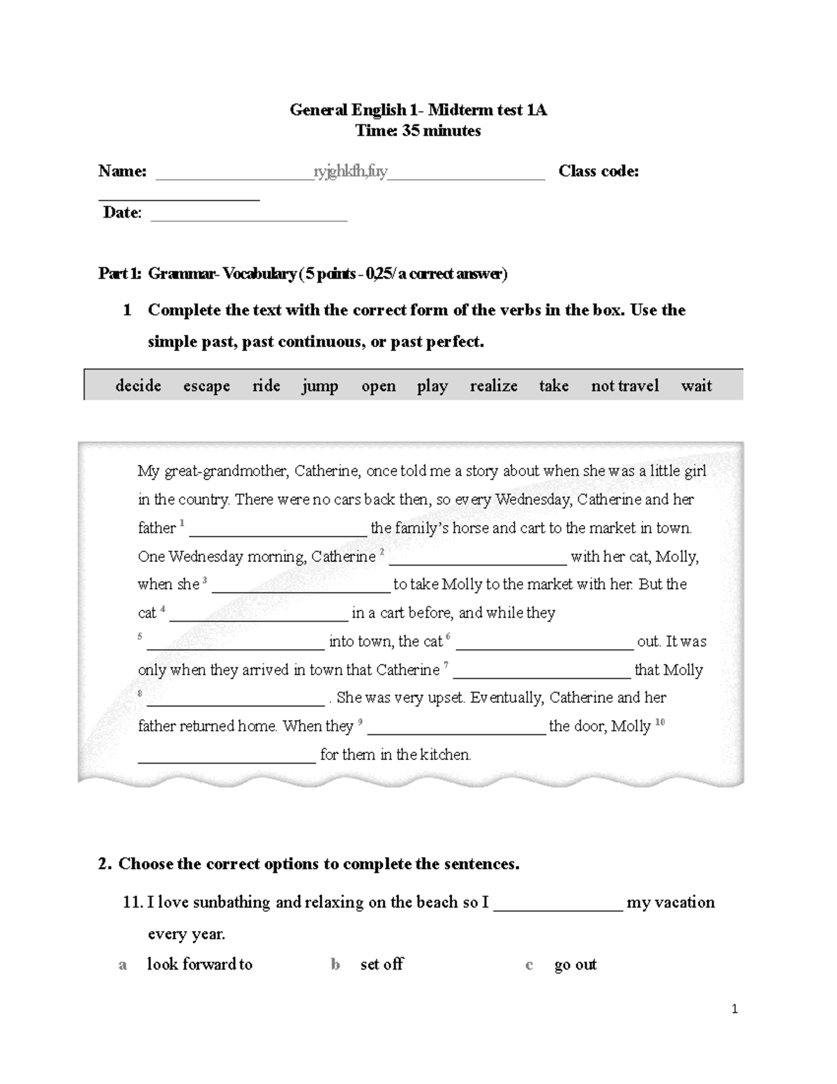 English 1 - Midterm TEST - 1A - General English 1- Midterm test 1A Time ...