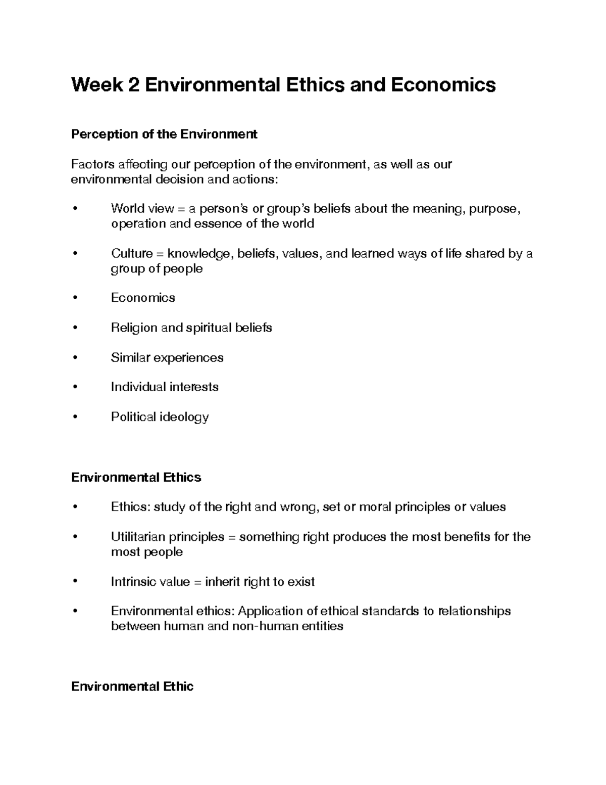 Enviornmental Studies: Notes - Week 2 Environmental Ethics and ...