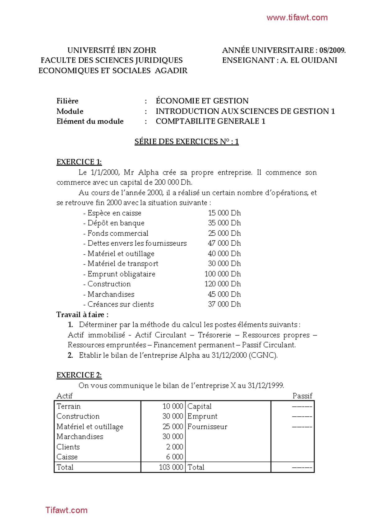 Exercice 2 bilan comptable S1 - UNIVERSITÉ IBN ZOHR FACULTE DES SCIENCES JURIDIQUES ECONOMIQUES ...