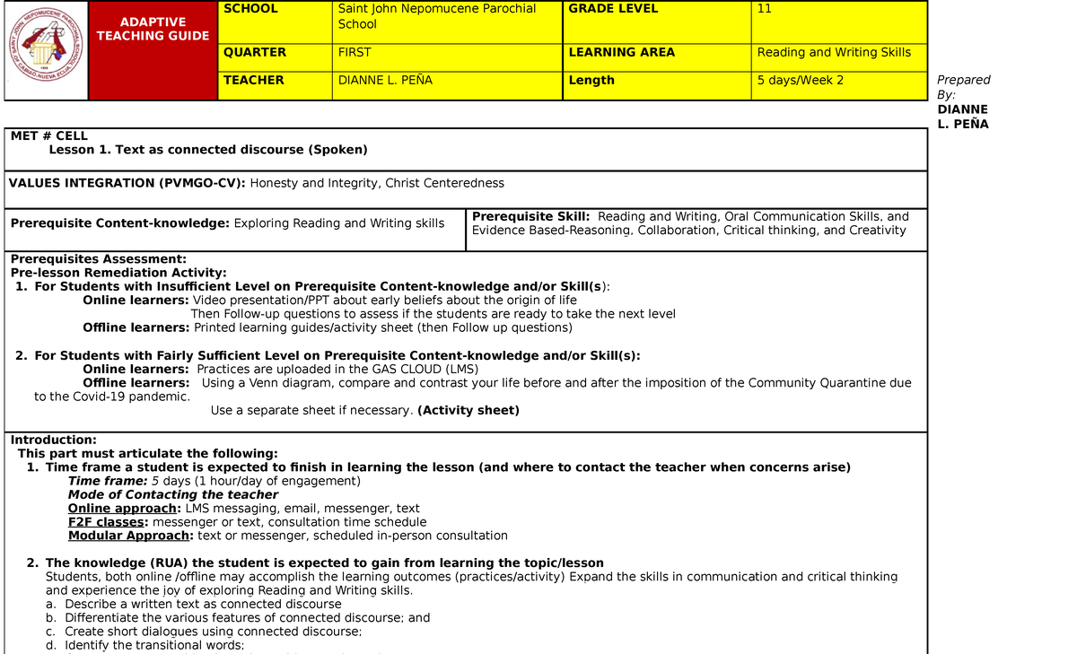 W2-ATG-RWS - HEY - Prepared By: DIANNE L. PEÑA ADAPTIVE TEACHING GUIDE ...