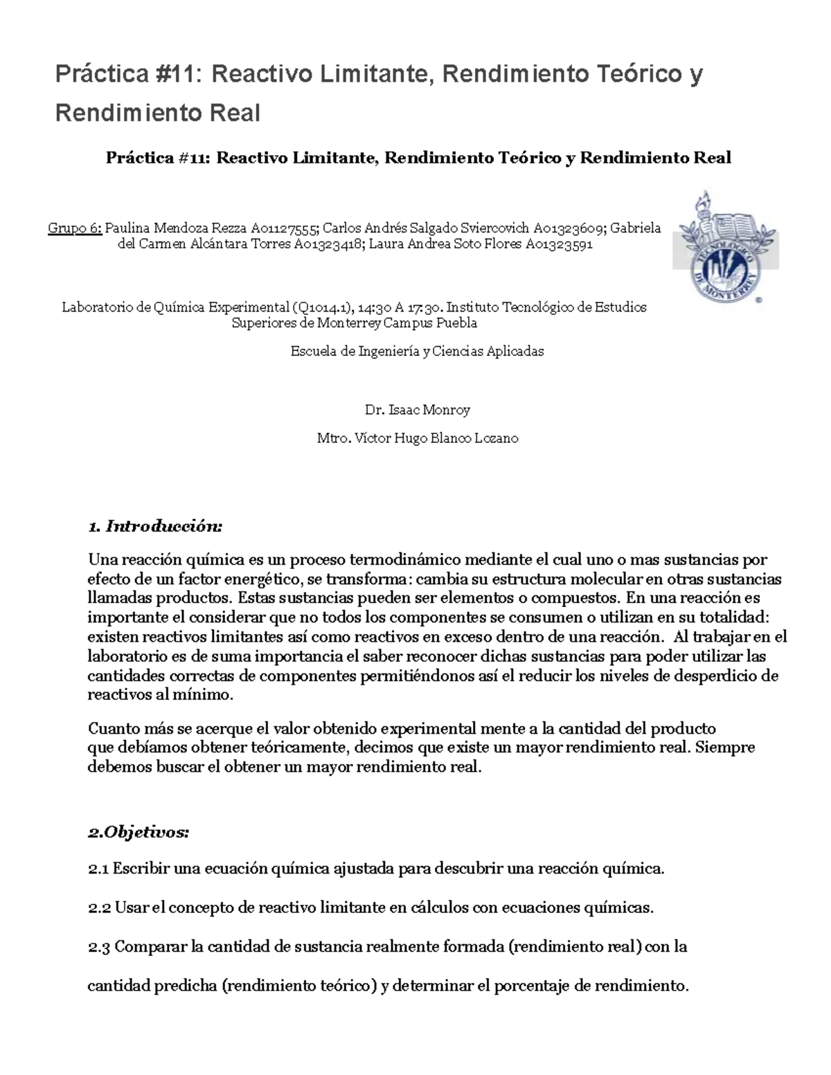 Practica reactivo-limitante - Práctica #11: Reactivo Limitante, Rendimiento Teórico y ...