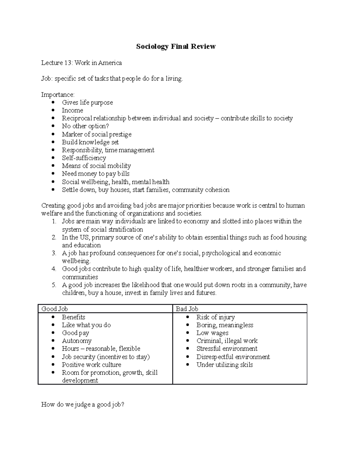 Sociology Final Review - Sociology Final Review Lecture 13: Work in ...