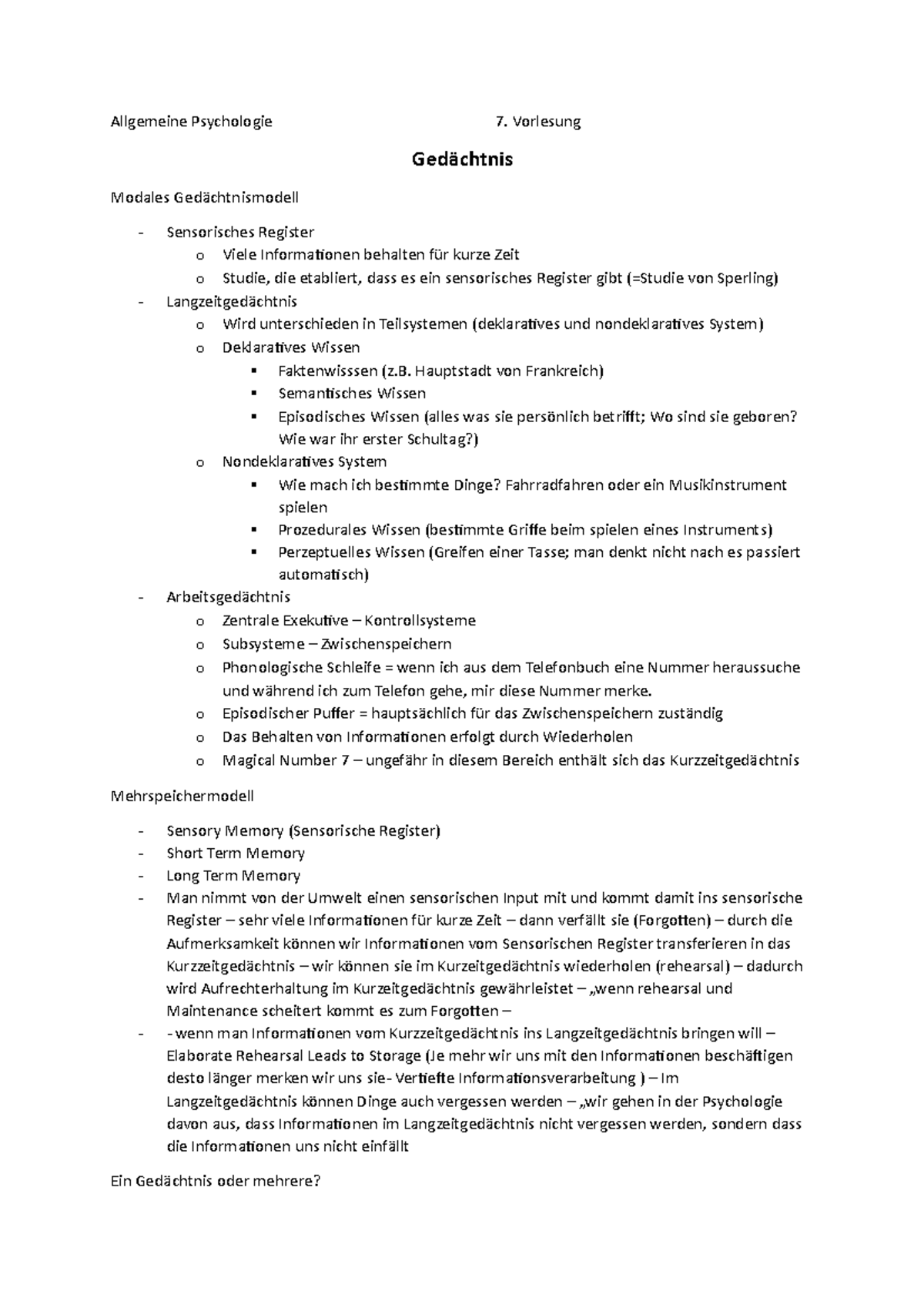 7 Vorlesung Allgemeine Psychologie - Allgemeine Psychologie 7. Vorlesung Gedächtnis Modales ...