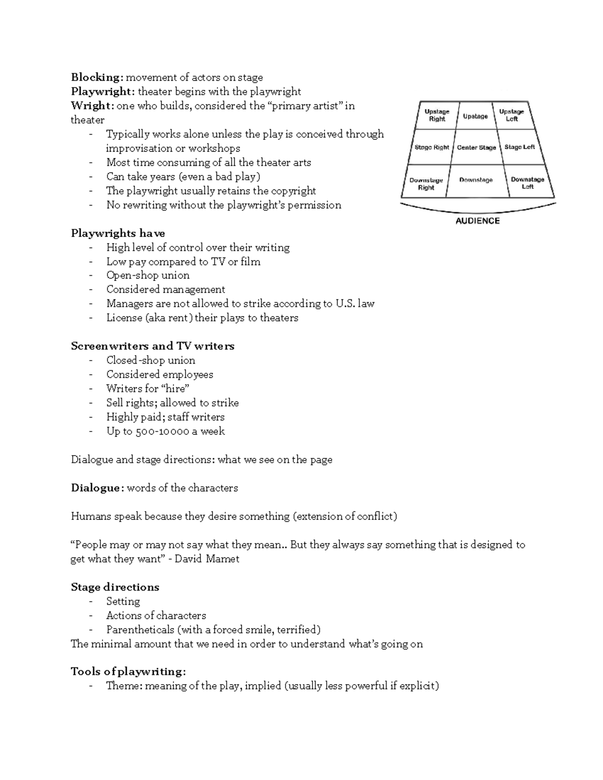 Theater Notes 1 - Blocking: movement of actors on stage Playwright ...