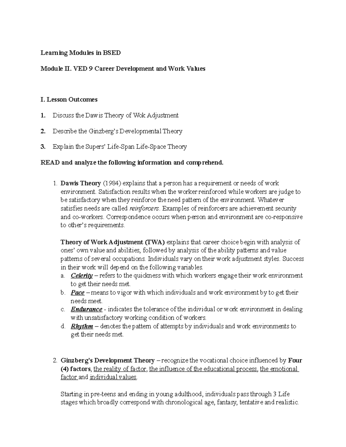 Module II Career Development and Work Values - Learning Modules in BSED Module II. VED 9 Career ...