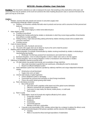 Exam 3 Study Guide - Chapters 9-11 for Principles of retailing - MKTG ...