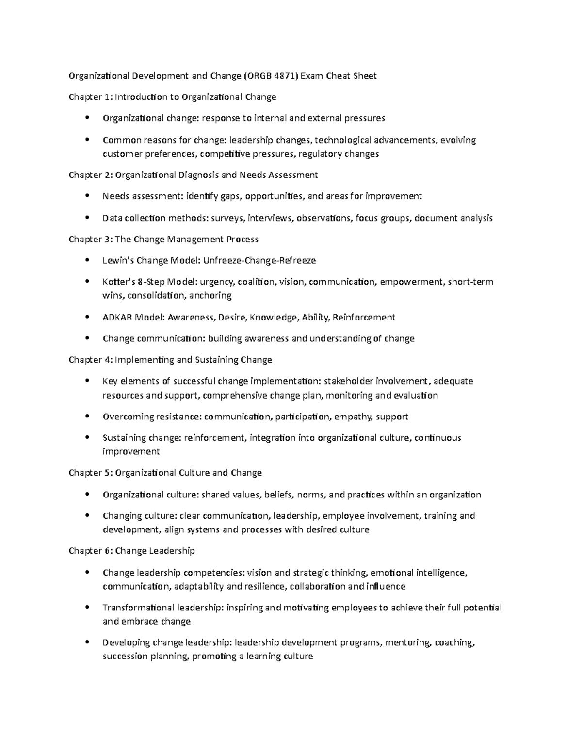 ORGB 4871 exam cheat sheet - Organizational Development and Change ...