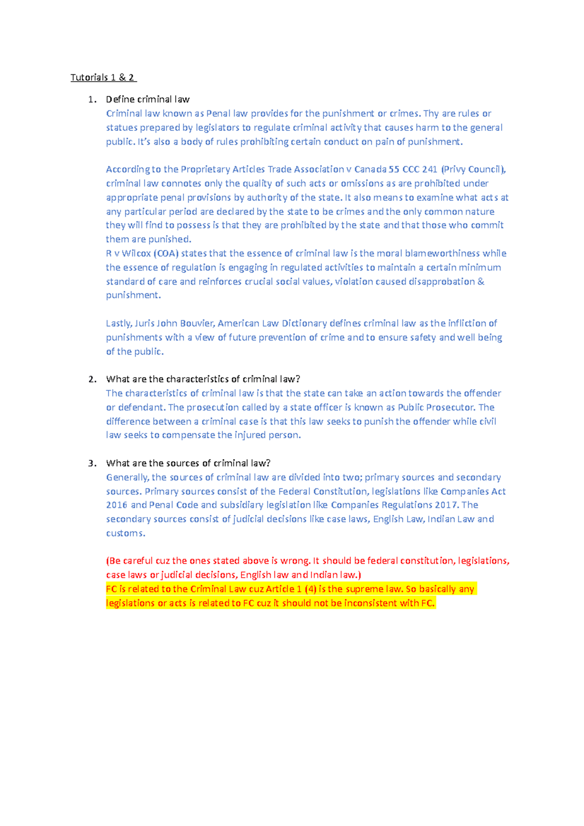 Tutorial 1 - Tuto GPoL - Tutorials 1 & 2 Define criminal law Criminal ...