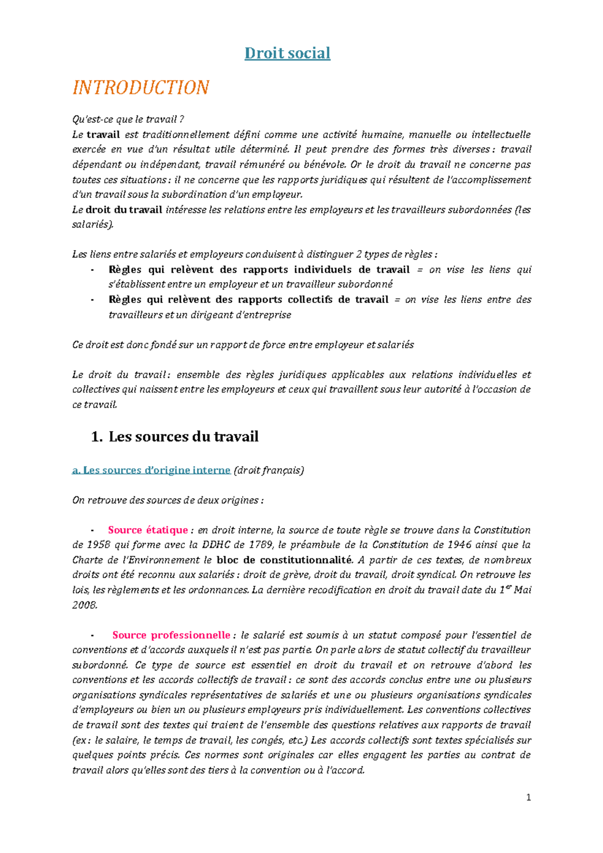 Droit Social - Notes de cours 1-10 - Droit social INTRODUCTION Qu’est ...