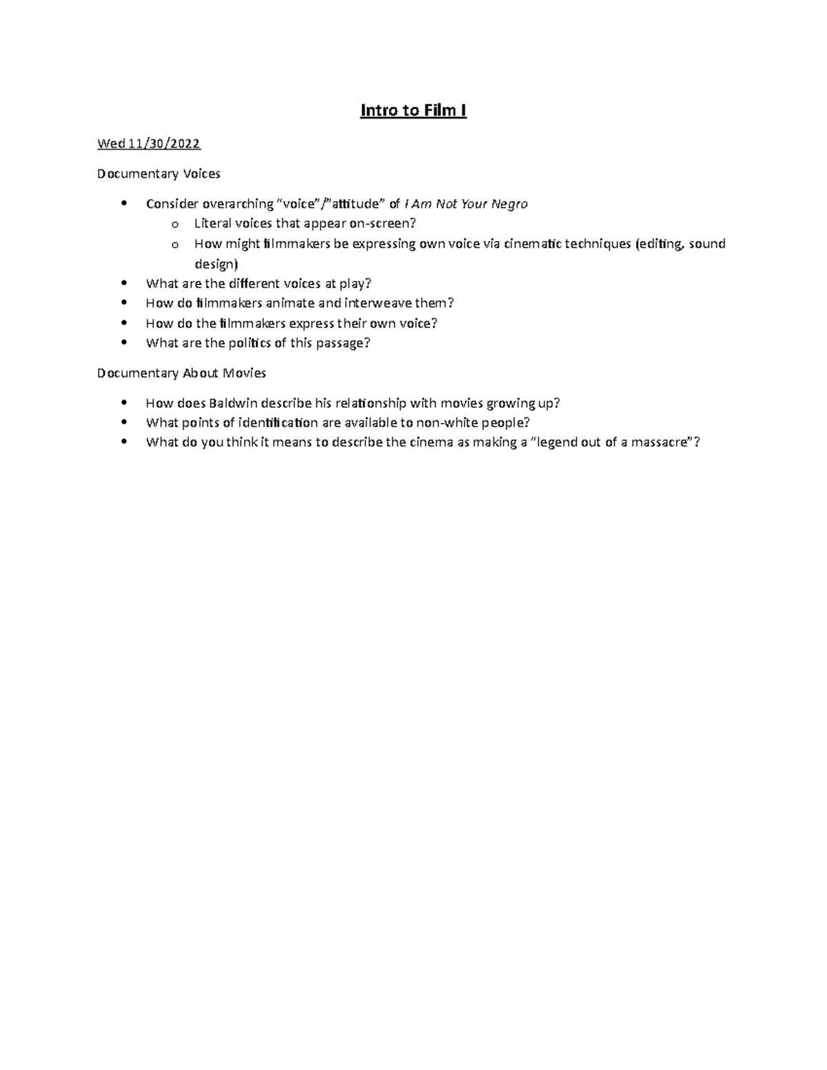 2022-30-11 Intro to Film I - Intro to Film I Wed 11/30/ Documentary ...