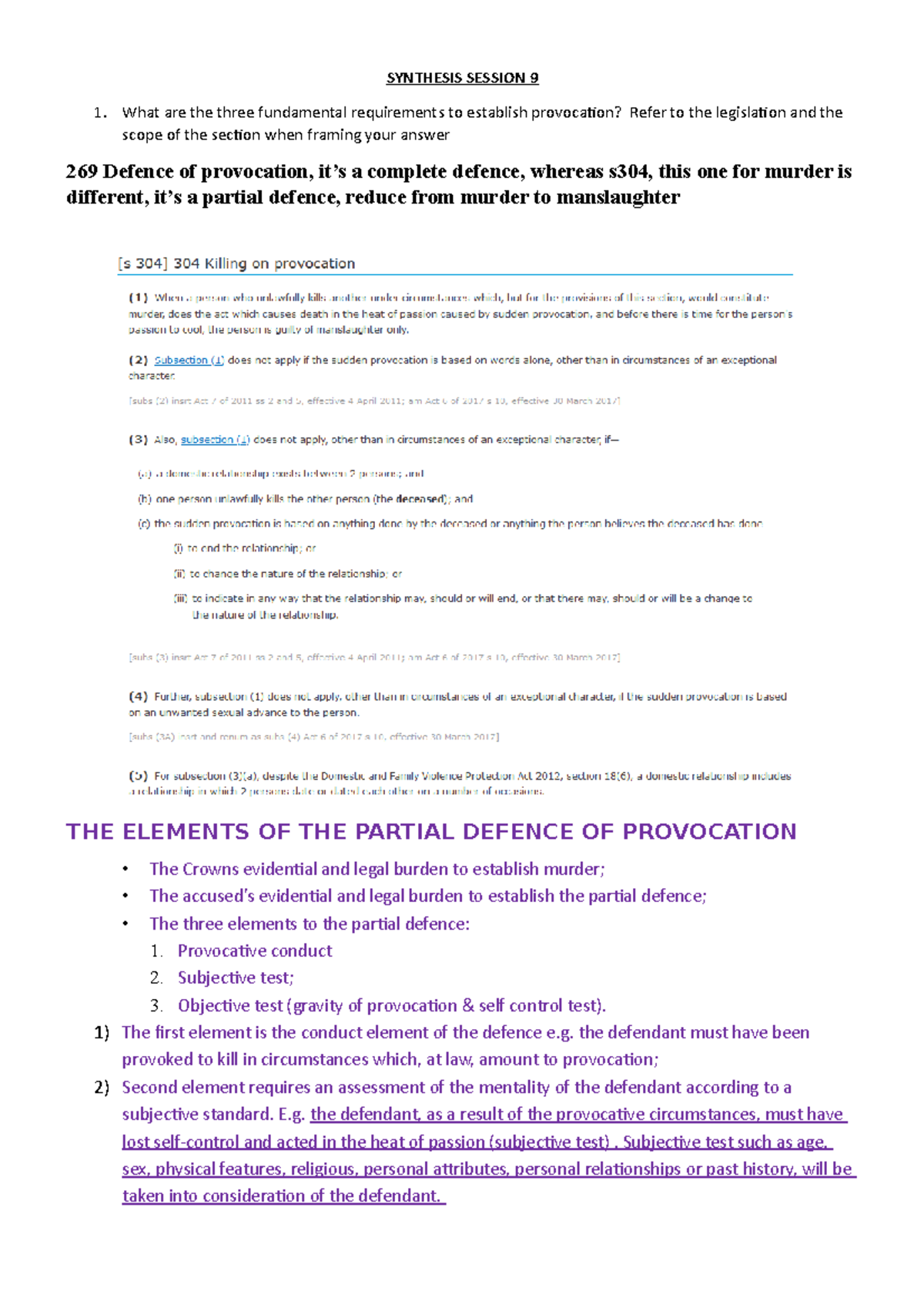 Week 10 Criminal Law Synthesis Session 9 - SYNTHESIS SESSION 9 What are ...