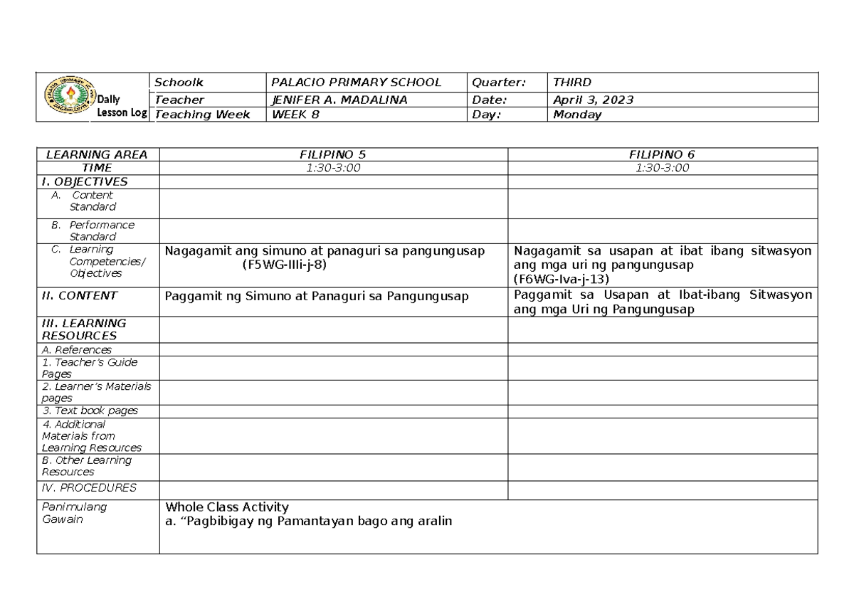 CO Filipino 5and6 - cot lp - LEARNING AREA FILIPINO 5 FILIPINO 6 TIME 1 ...