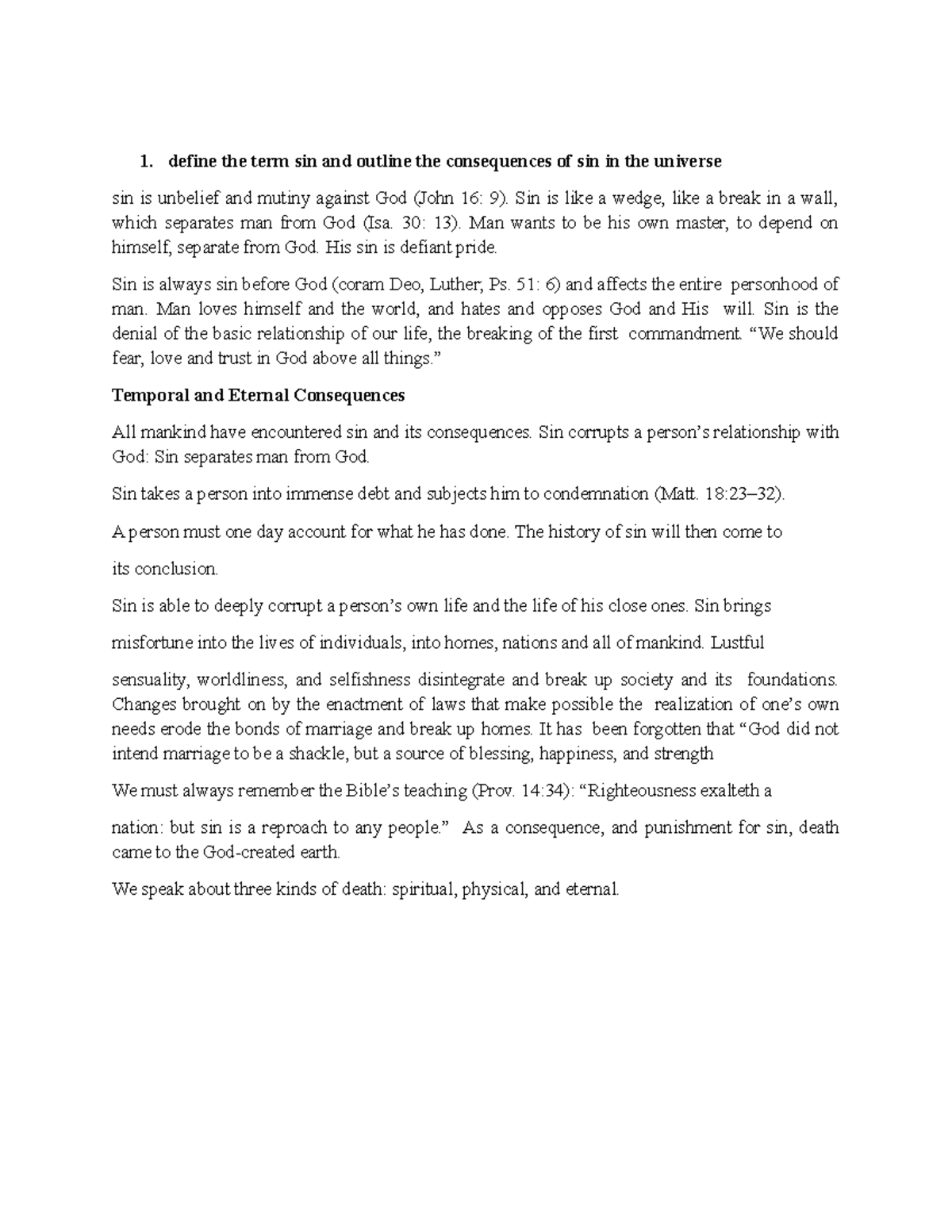 Define the term sin and outline the consequences of sin in the universe ...