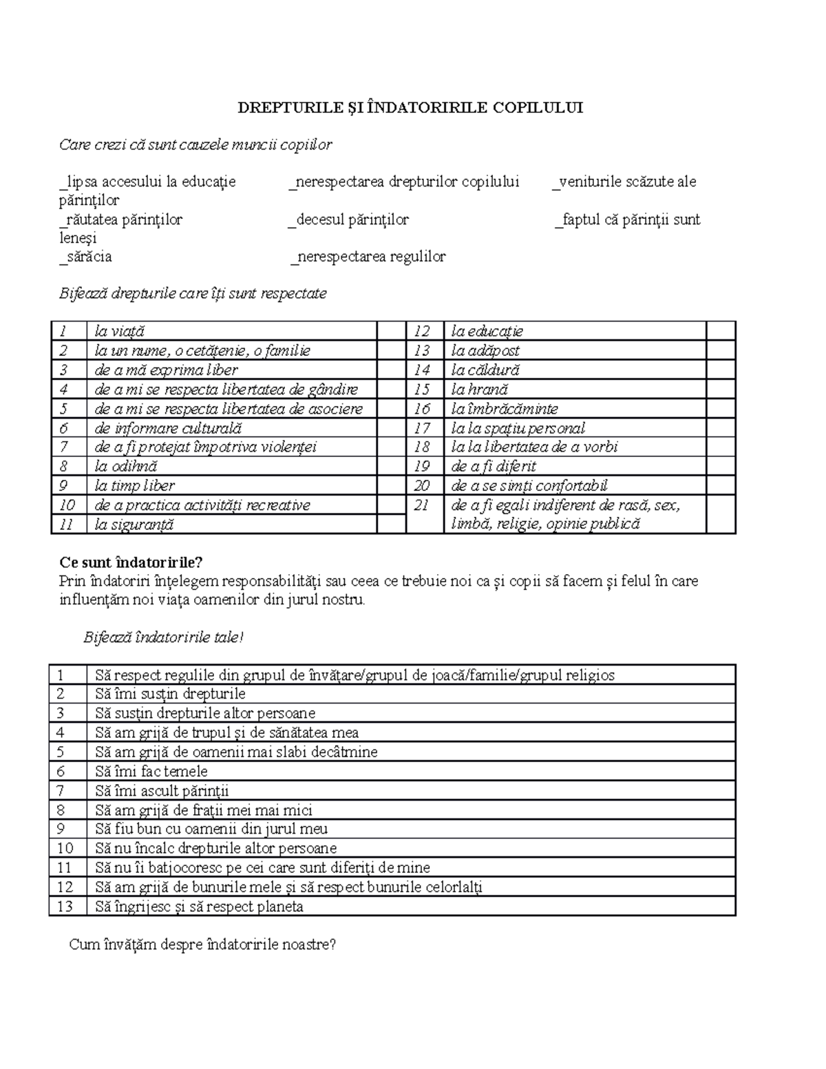 Drepturile ŞI Î Ndatoririle Copilului- fisa - DREPTURILE ŞI ...