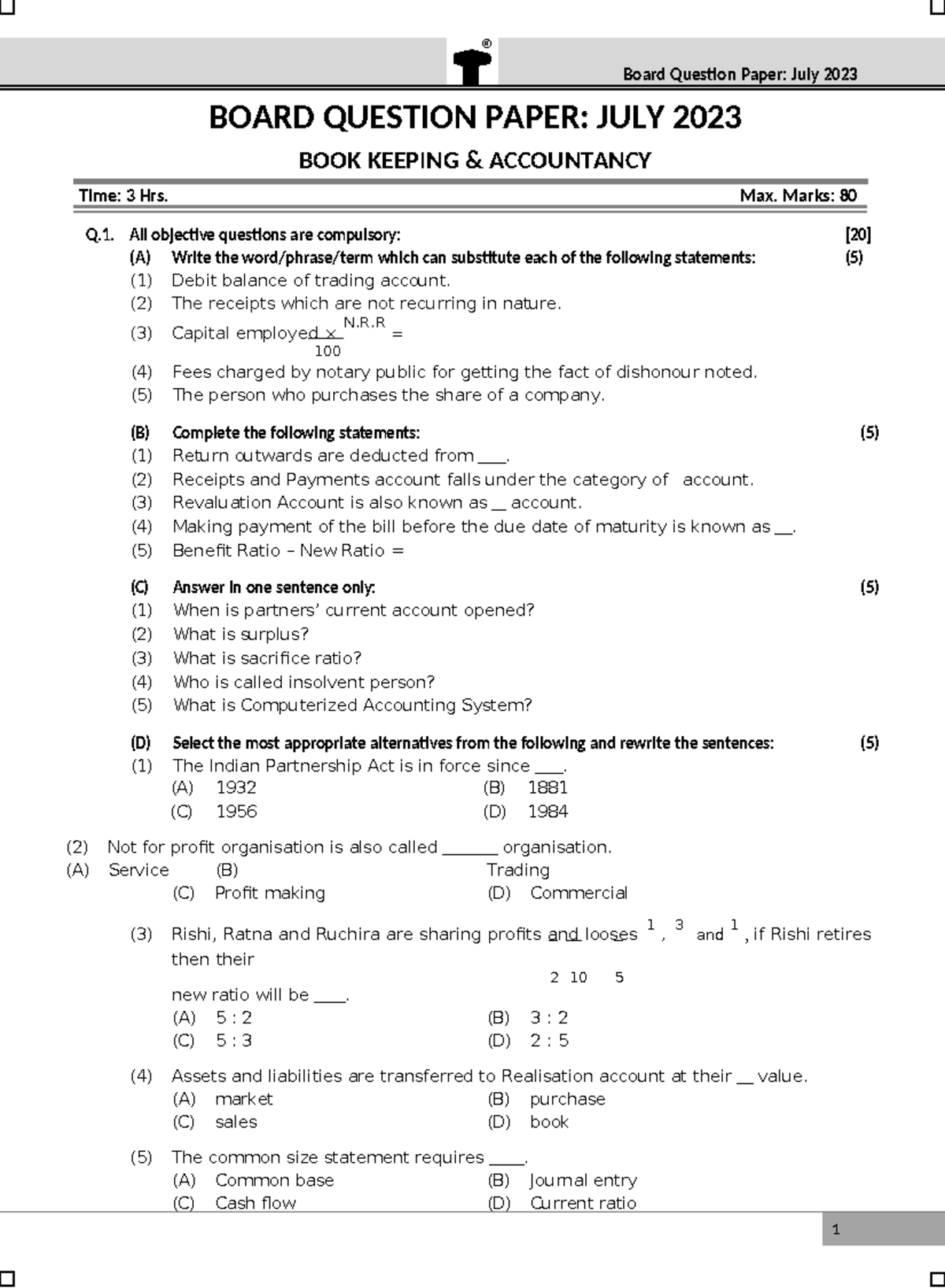 Hsc bk question paper july 2023 - Board Question Paper: July 2023 BOARD ...