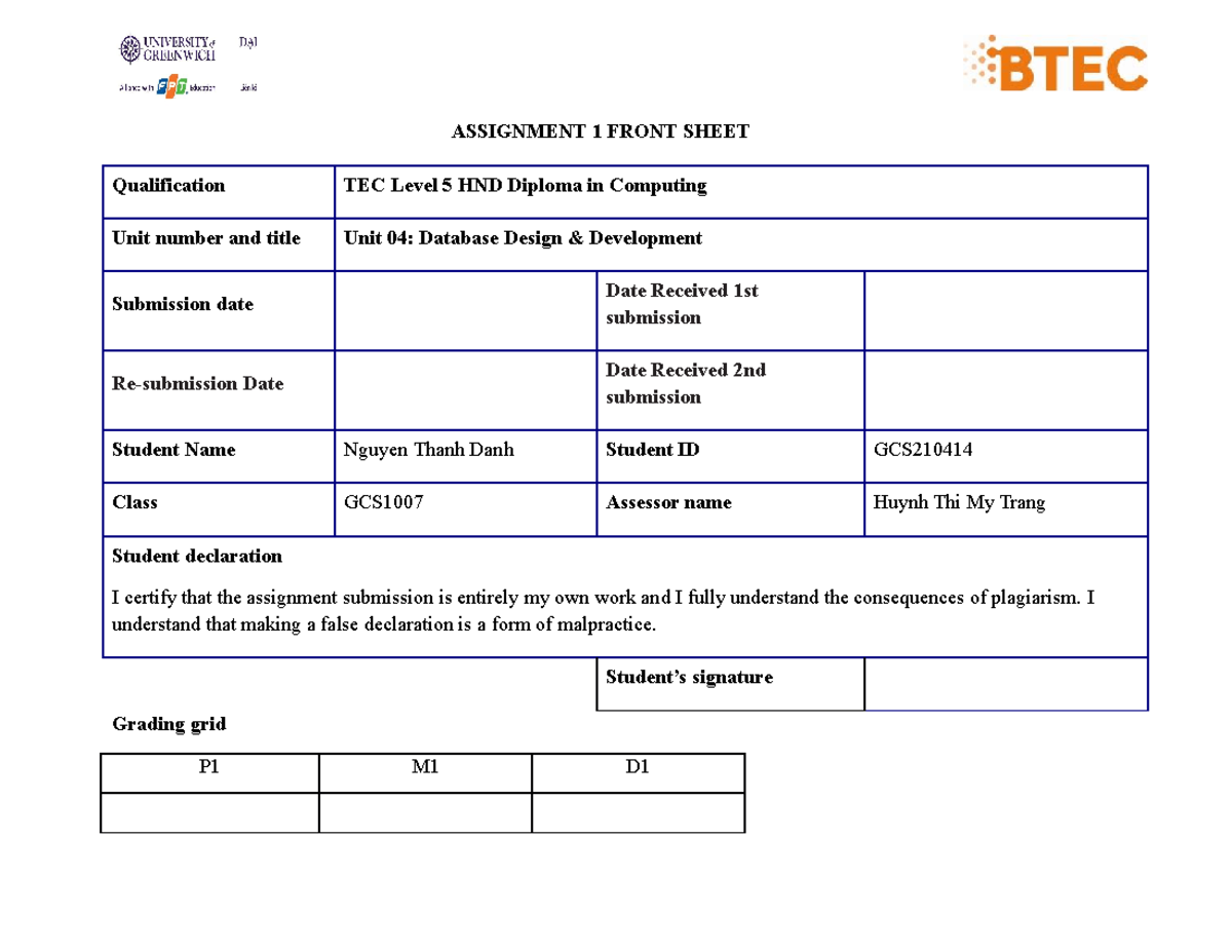 Assignment-1 Thành DANH - ASSIGNMENT 1 FRONT SHEET Qualification TEC Level 5 HND Diploma in ...