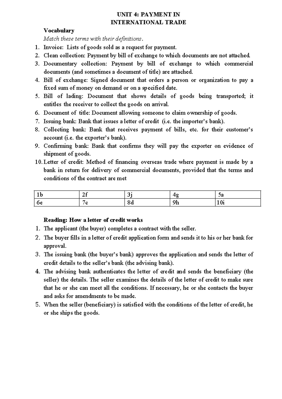 UNIT 4 - UNIT 4 - UNIT 4: PAYMENT IN INTERNATIONAL TRADE Vocabulary ...